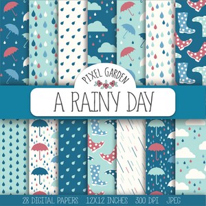 Rain Digital Paper. Raindrop, Umbrella, Cloud Pattern Scrapbook Paper ...