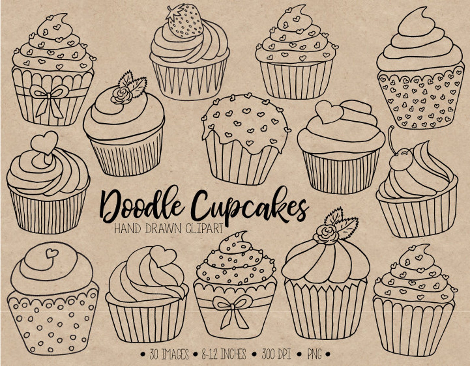 Doodle Cupcake Clipart. Hand Drawn Black & White Cupcake - Etsy