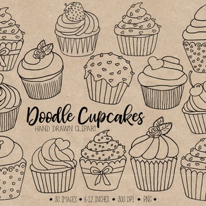 Doodle Cupcake Clipart. Hand Drawn Black & White Cupcake Outlines ...