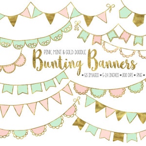 Gold Bunting Banner Clip Art. Mint & Pink Bunting Clipart. Gold Glitter ...