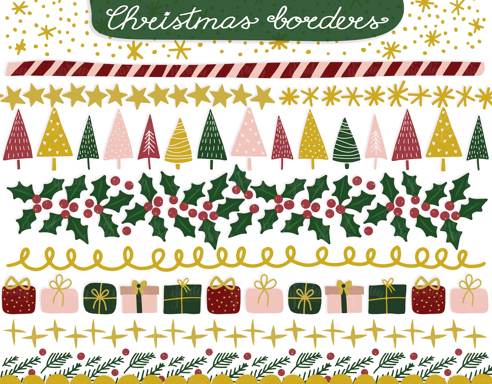 Christmas Borders Clip Art. Red Green Gold Digital Ribbon - Etsy