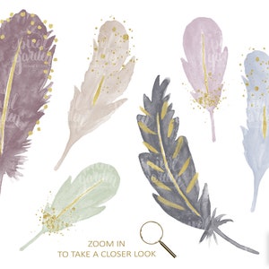 Gold & Watercolor Feather Clipart. Pastel Boho Watercolour Feathers ...