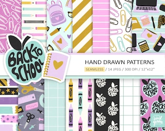 Back to School Digital Paper. Hand Drawn Office Supplies, Student ...