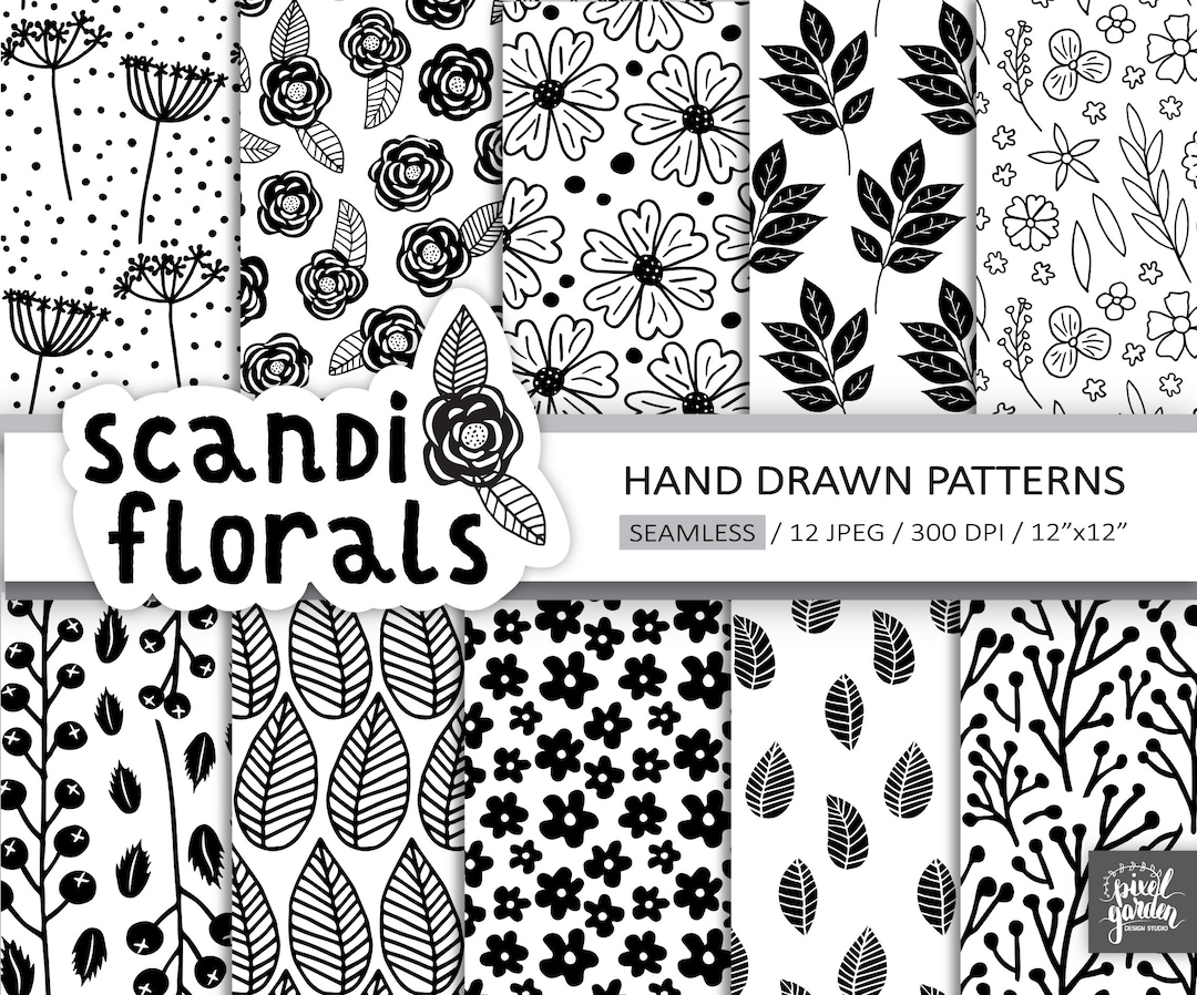 Black & White Scandinavian Digital Paper. Monochrome Hand Drawn Floral ...