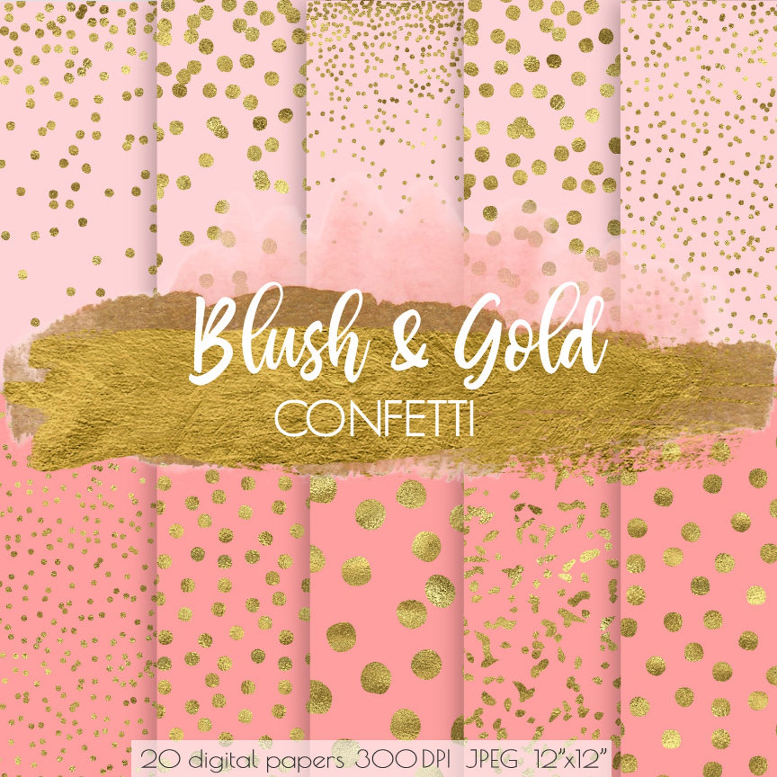 Gold Confetti Digital Paper. Pink & Gold Dot Confetti | Etsy