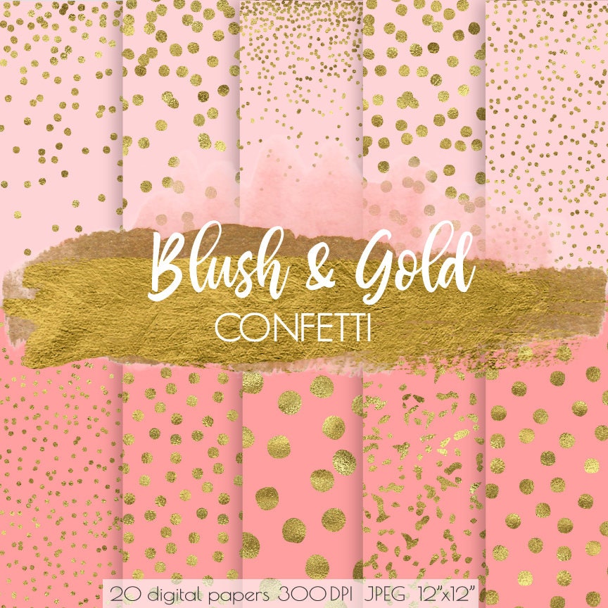 Gold Confetti Digital Paper. Pink & Gold Dot Confetti Background. Blush ...