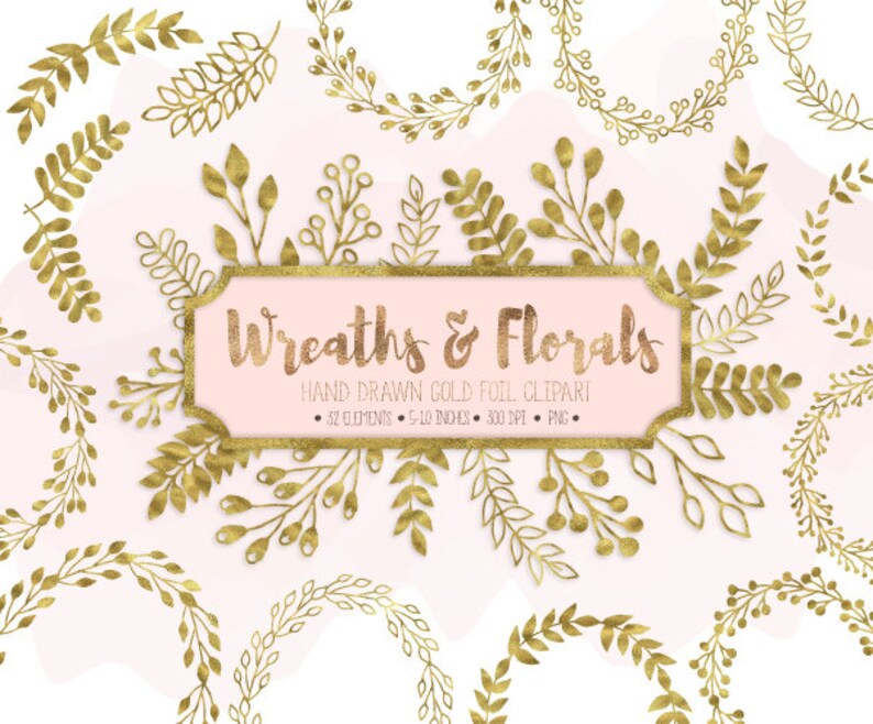 Gold Wreaths & Laurels Clip Art. Gold Foil Floral Elements Clip Art ...