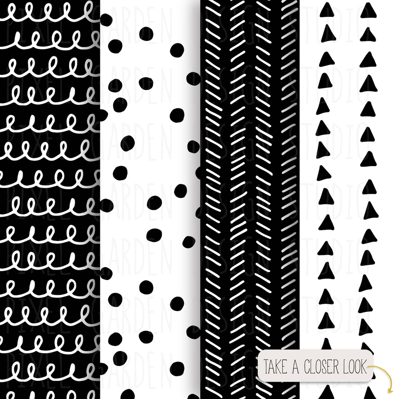 Doodle Digital Paper. Monochrome Geometric Chevron, Polka Dot, Stripe ...
