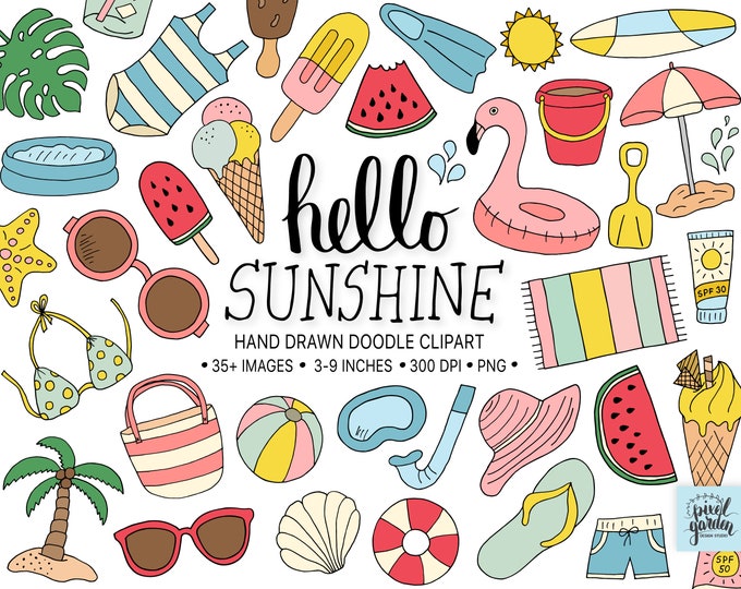 Summer Clipart. Hand Drawn Beach, Vacation, Holiday Clip Art. Doodle ...
