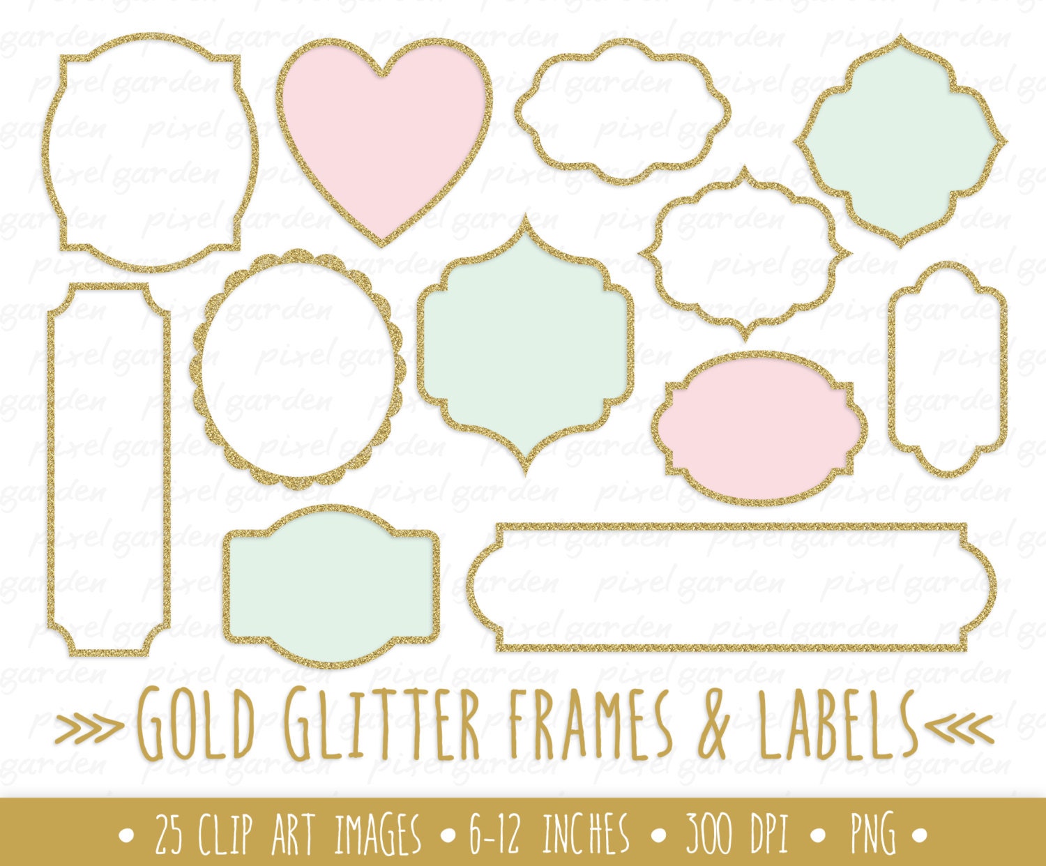 Gold Glitter Frames Clipart. Gold Glitter Labels Clip Art. | Etsy