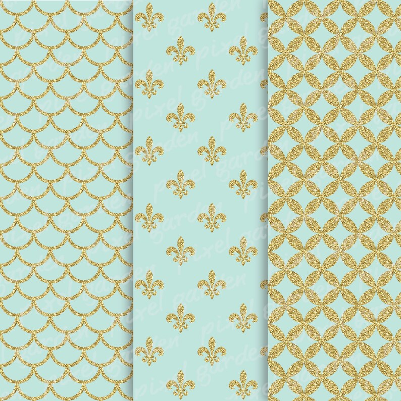 Mint and Gold Glitter Digital Paper. Gold Sparkle Scrapbooking | Etsy