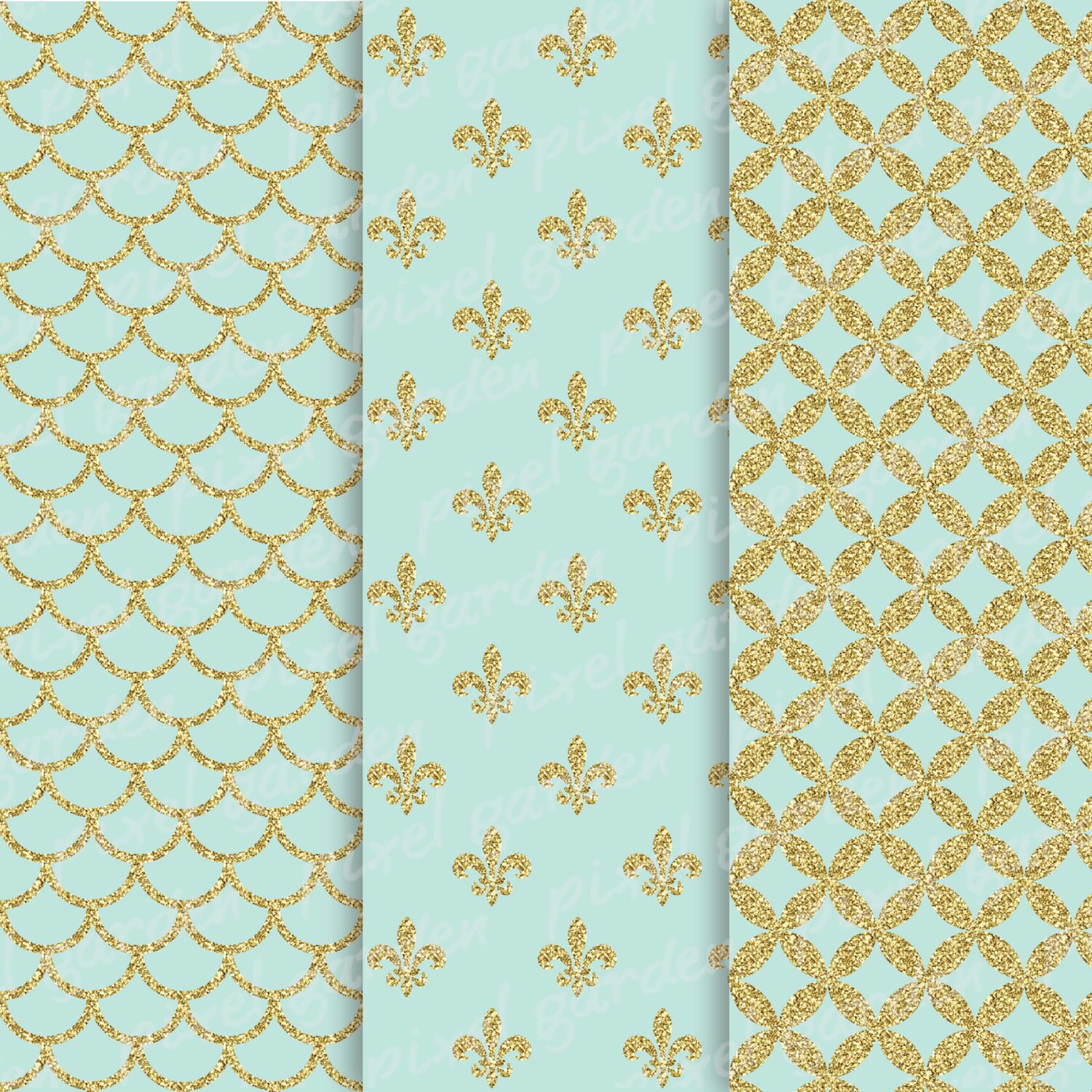 Mint and Gold Glitter Digital Paper. Gold Sparkle Scrapbooking | Etsy