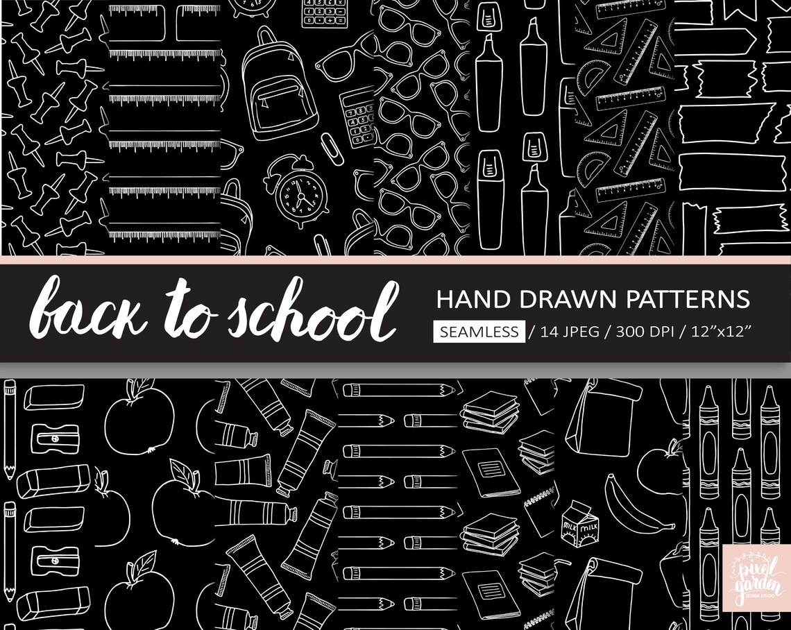 Black & White Back to School Digital Paper. Hand Drawn Student, Teacher ...