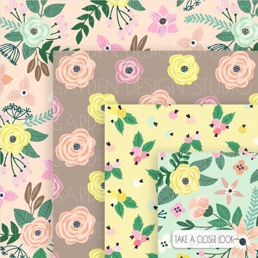 Pastel Floral Digital Paper. Peach Mint Yellow Taupe - Etsy