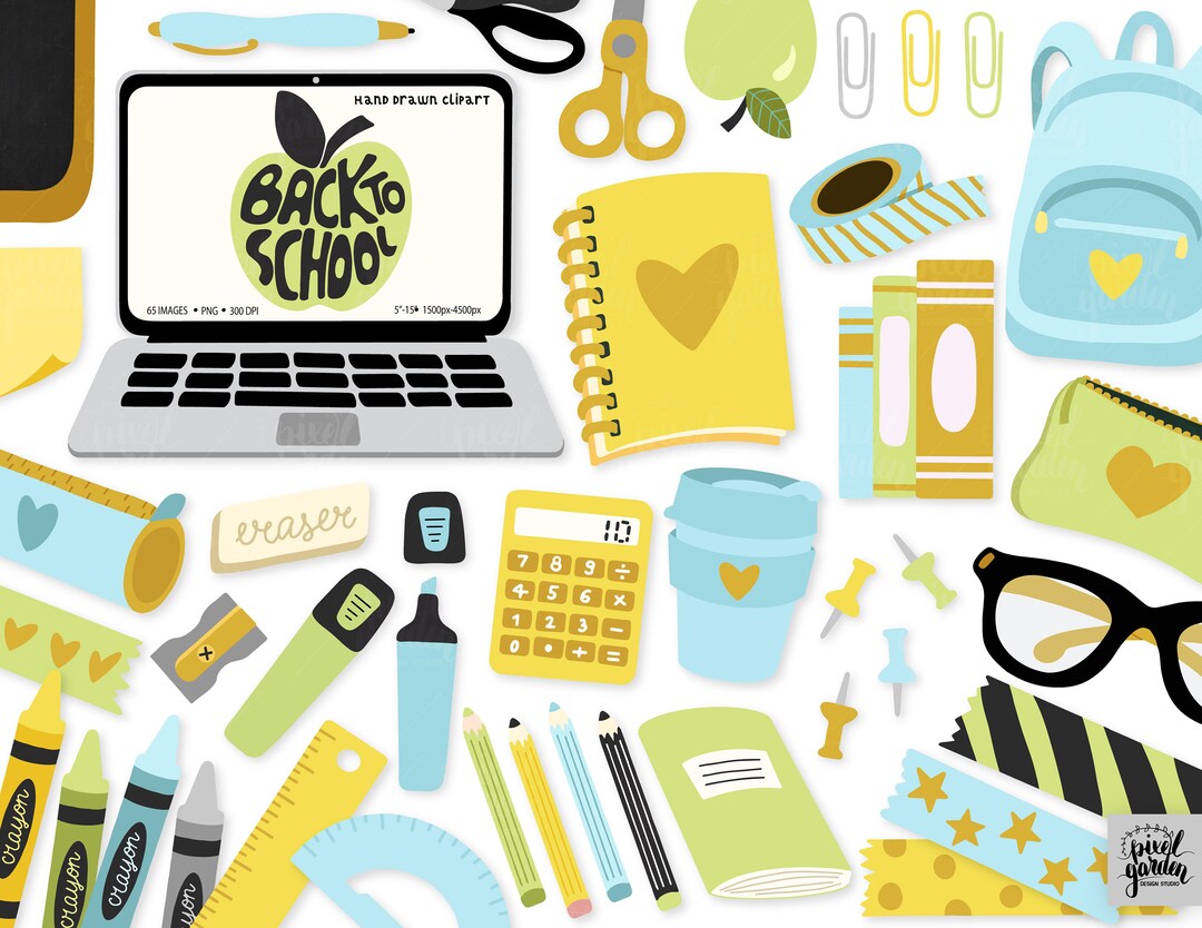 Back to School Clipart Set. Hand Drawn School Clipart. Blue Office ...