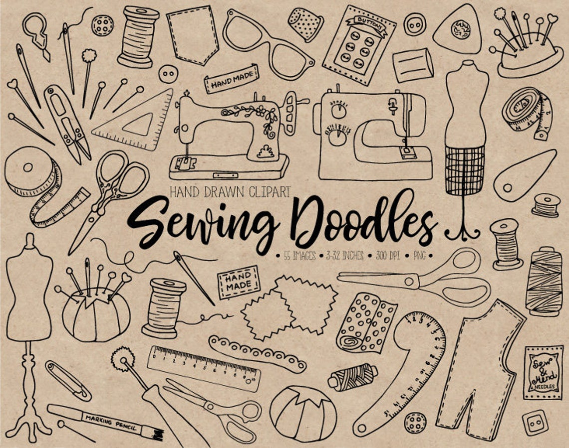 Hand Drawn Sewing Clipart. Doodle Dressmaking Clip Art. Tailor's ...