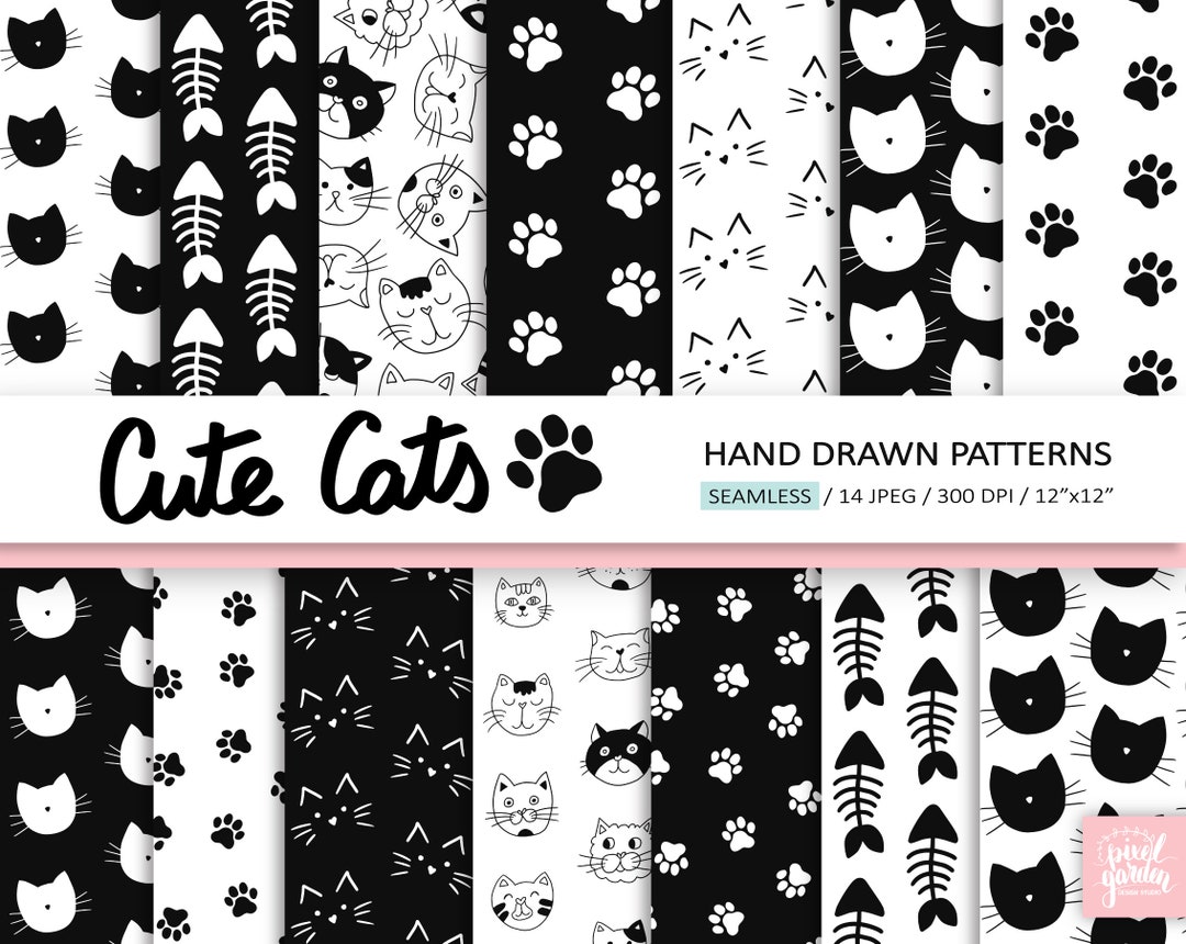 Cute Cats Digital Paper. Seamless Cat Digital Pattern. Cat Silhouette ...
