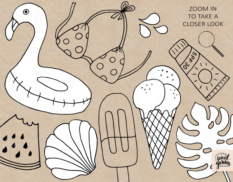 Black & White Summer Clipart. Hand Drawn Beach Vacation | Etsy