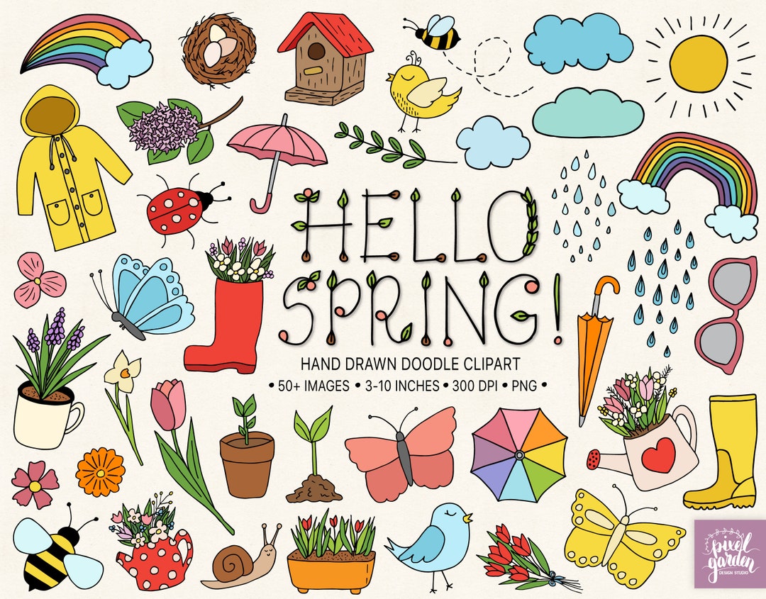 Spring Clipart. Hand Drawn Floral Clip Art. Rainbow Clipart. Rain Boots ...