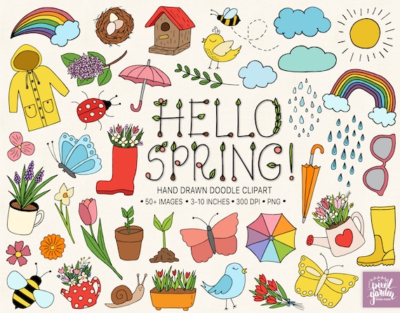 Spring Clipart. Hand Drawn Floral Clip Art. Rainbow Clipart. - Etsy