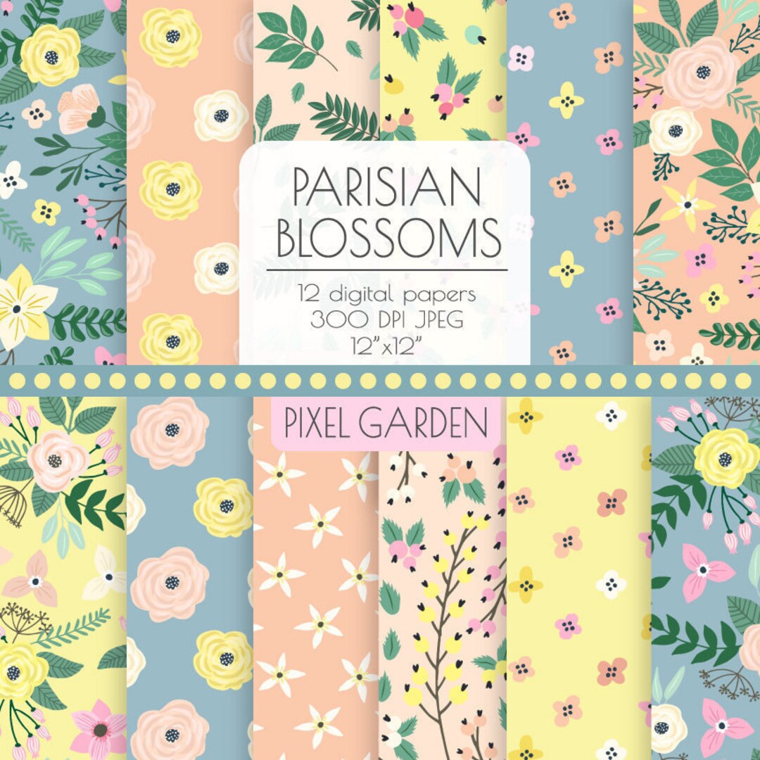 Parisian Floral Digital Paper. Peach, Gray, Yellow Shabby Scrapbook ...