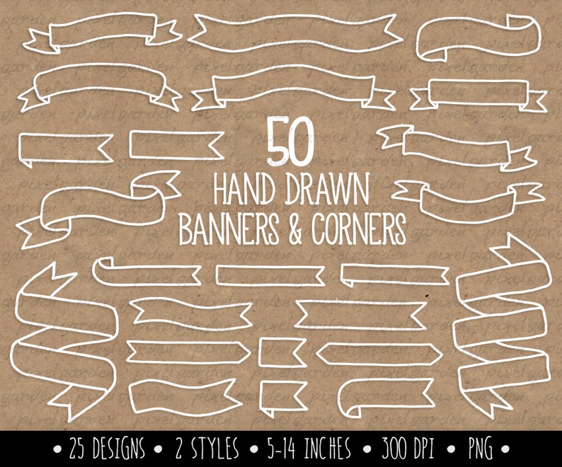 Hand Drawn Banners Clip Art. Doodle Ribbon Banners. White | Etsy