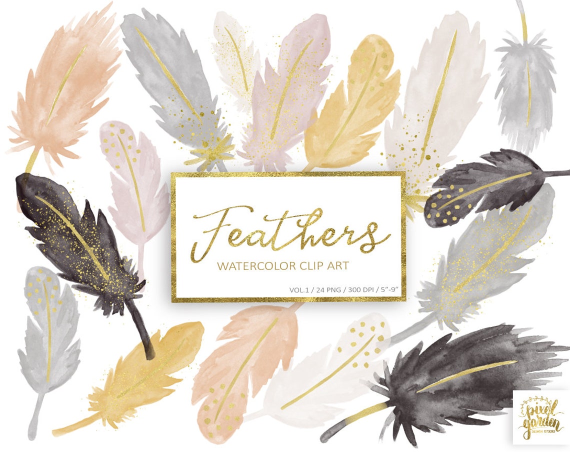 Watercolor Feathers Clipart. Pastel Boho Clip Art. Gold Dipped - Etsy