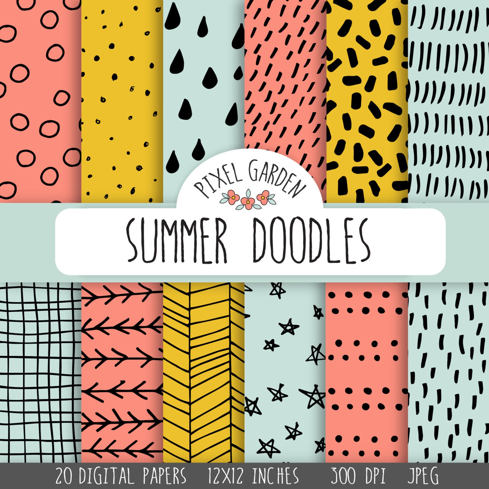 Mint Doodle Digital Papers. Hand Drawn Coral and Mint - Etsy