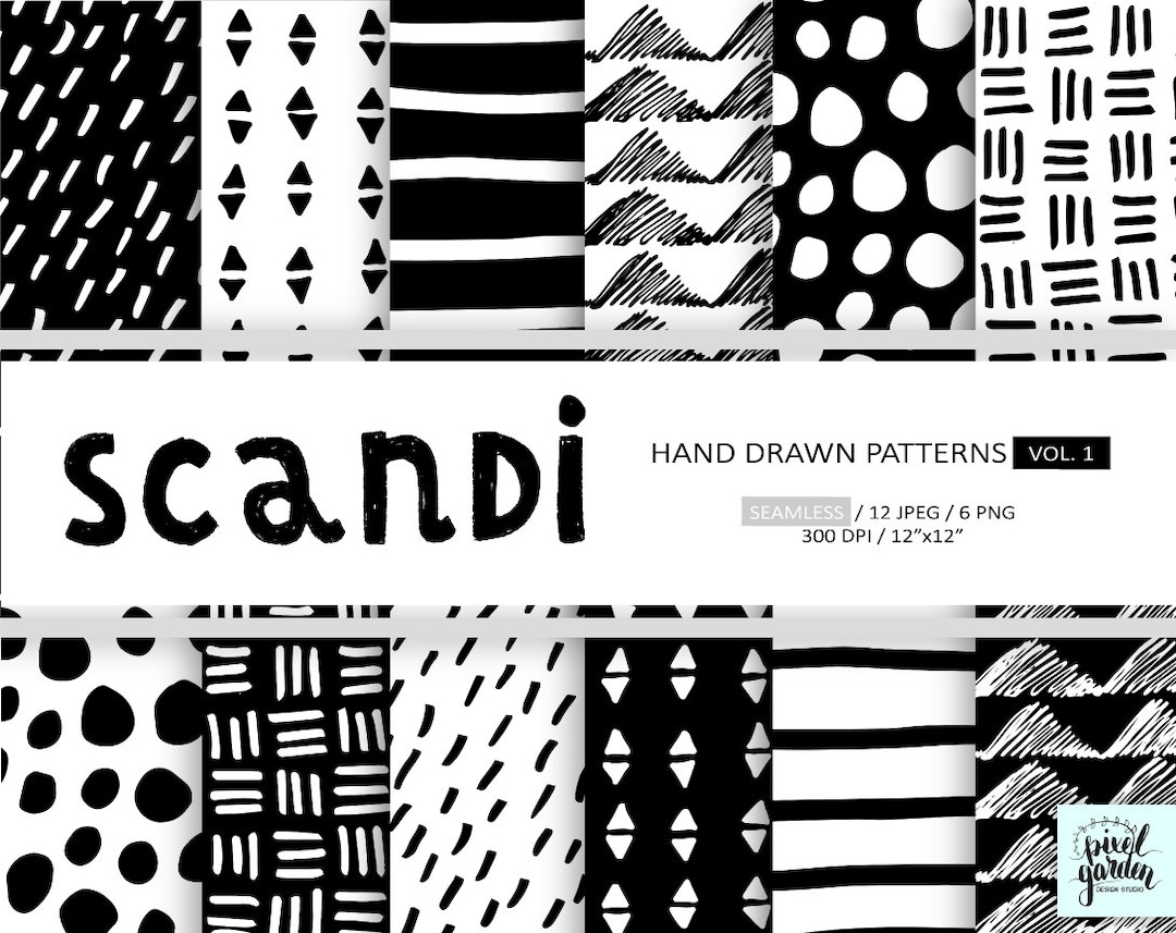 Black, White Scandinavian Digital Paper. Minimalist Doodle Patterns ...