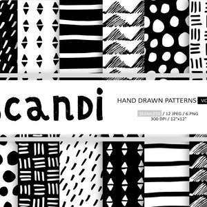 Black, White Scandinavian Digital Paper. Minimalist Doodle Patterns ...