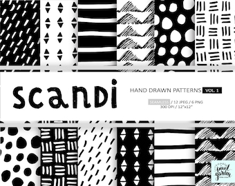 Nordic Digital Paper. Black White Hand Drawn Geometric | Etsy