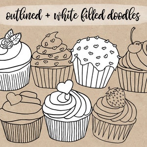 Doodle Cupcake Clipart. Hand Drawn Black & White Cupcake Outlines ...