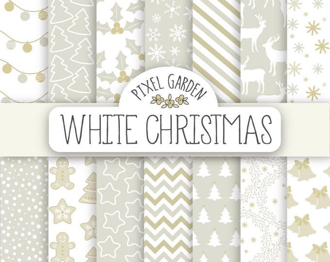 White Christmas Digital Paper. Cream Gold Patterns. Winter - Etsy