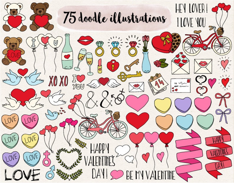 Doodle Love Wedding Clipart. Hand Drawn Valentine's Day | Etsy