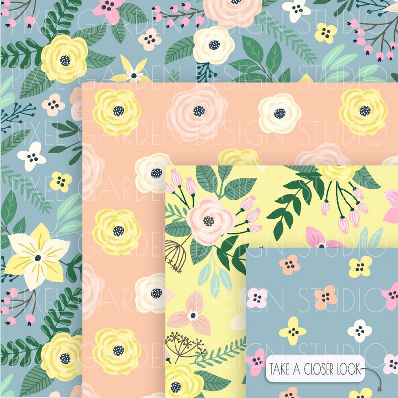 Parisian Floral Digital Paper. Peach Gray Yellow Shabby | Etsy