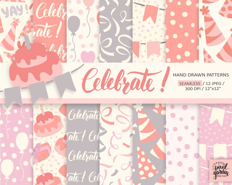 Birthday Digital Paper. Hand Drawn Seamless Party Digital Backdrop ...