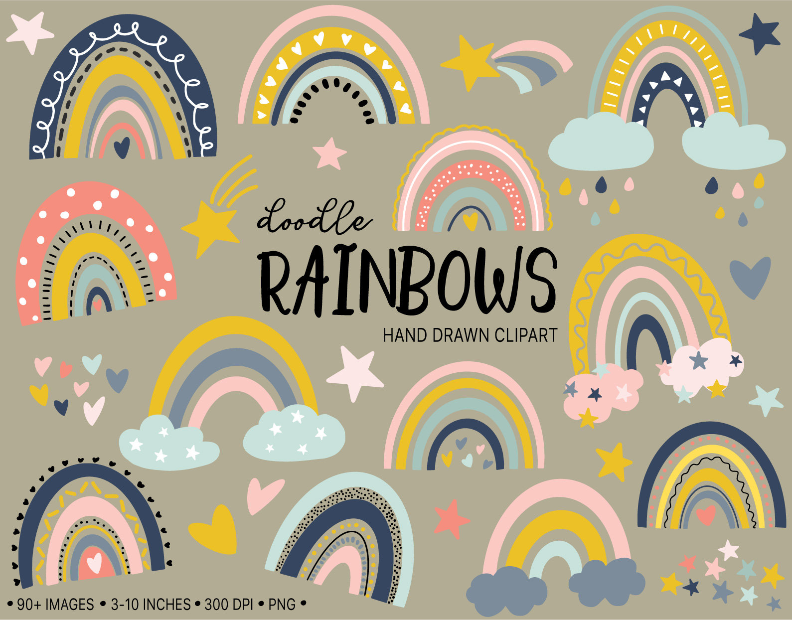 Doodle Pastel Rainbows Clip Art. Hand Drawn Nursery Art. Boho - Etsy