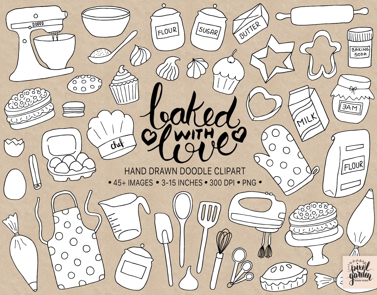 Baking Clipart. Hand Drawn Cake, Cookie, Meringue Clip Art. Bakery ...