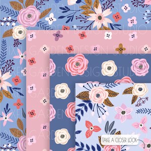 Shabby Floral Digital Paper. Rose, Peony Blossom, Flower Patterns. Navy ...