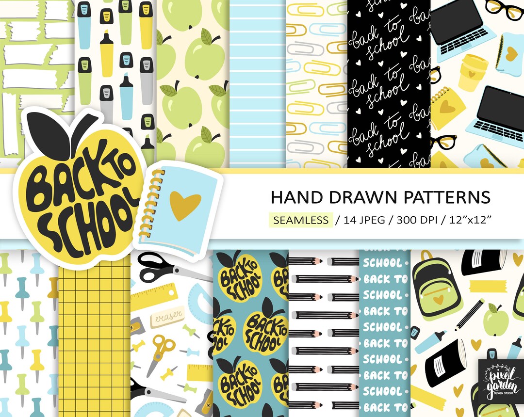 Back to School Digital Paper. Hand Drawn Office Supplies, Student ...