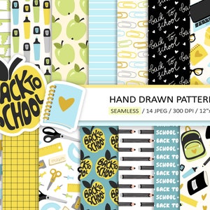 Back to School Digital Paper. Hand Drawn Office Supplies, Student ...