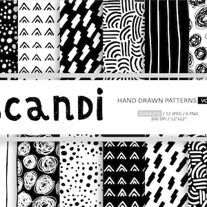 Nordic Digital Paper. Black, White Scandinavian Patterns. Hand Drawn ...