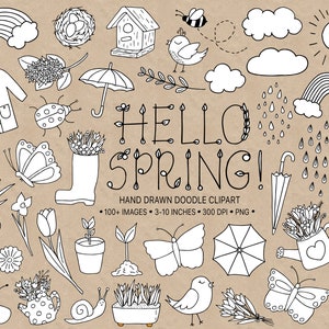 Black & White Spring Clipart. Hand Drawn Floral Clip Art. Rainbow, Rain ...