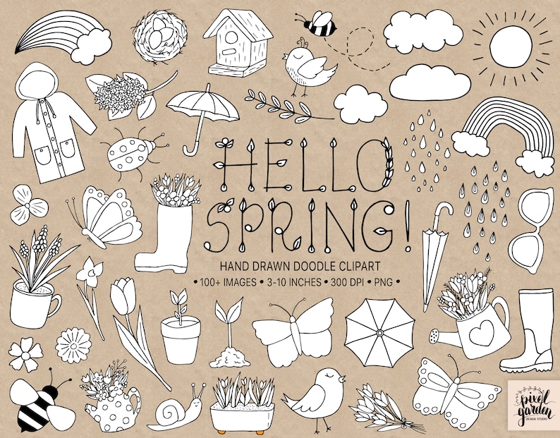 Black & White Spring Clipart. Hand Drawn Floral Clip Art. - Etsy