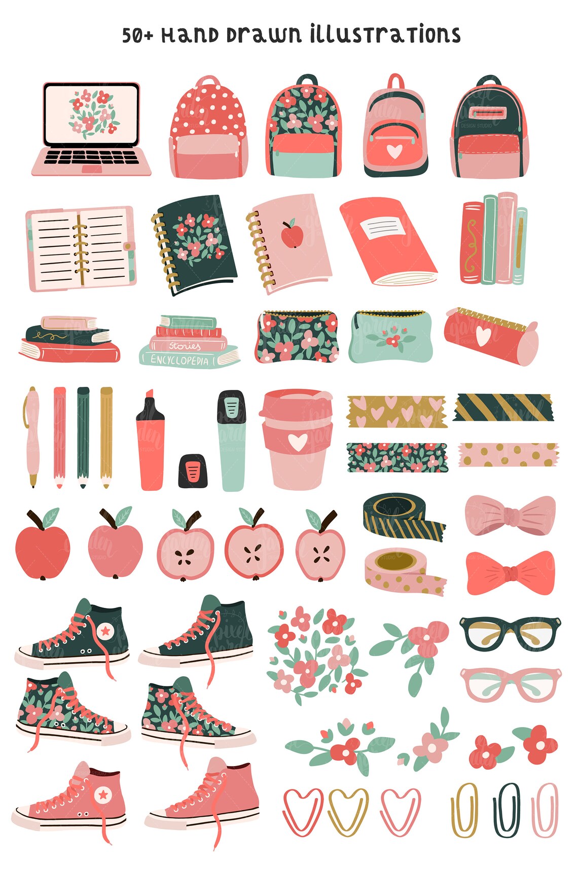 School Girl Clipart. Hand Drawn Back to School Clipart. Cute Office ...