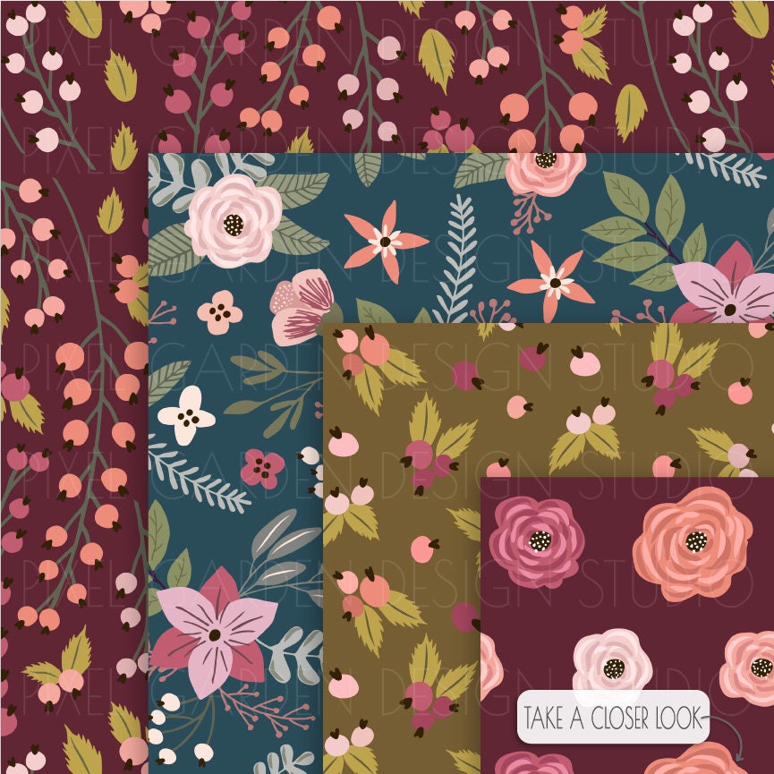 Fall Floral Digital Paper. Autumn Rose Peony Flower Patterns. | Etsy