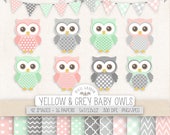 Baby Owl Clipart. Pink Mint Gray Nursery Baby Shower - Etsy
