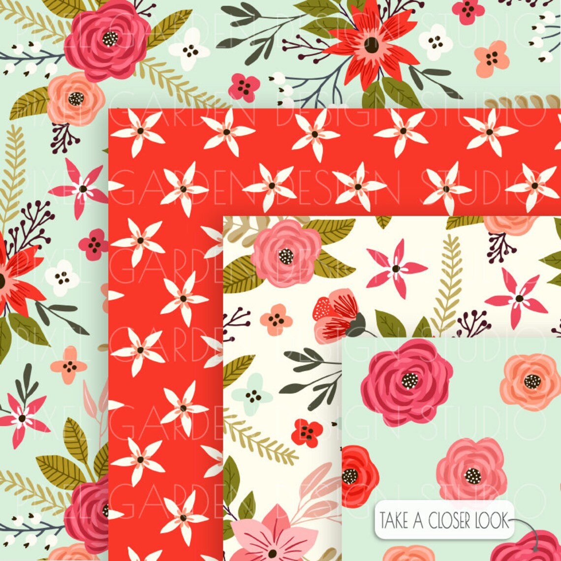 Mint Floral Digital Paper. Red Mint Ivory Peony Rose - Etsy