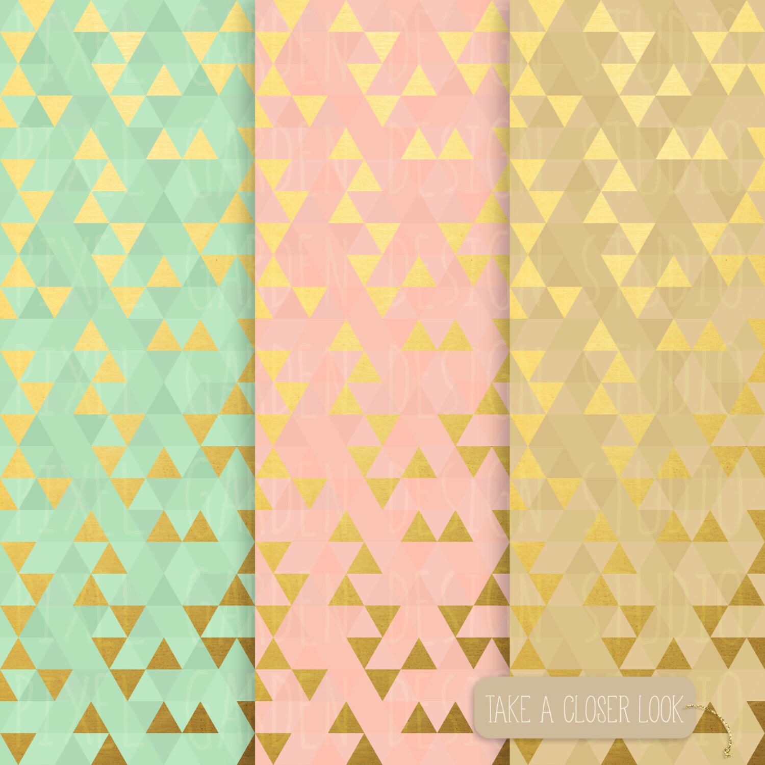 Gold Triangle Digital Paper. Gold Foil Wedding Scrapbook Paper. Pastel ...