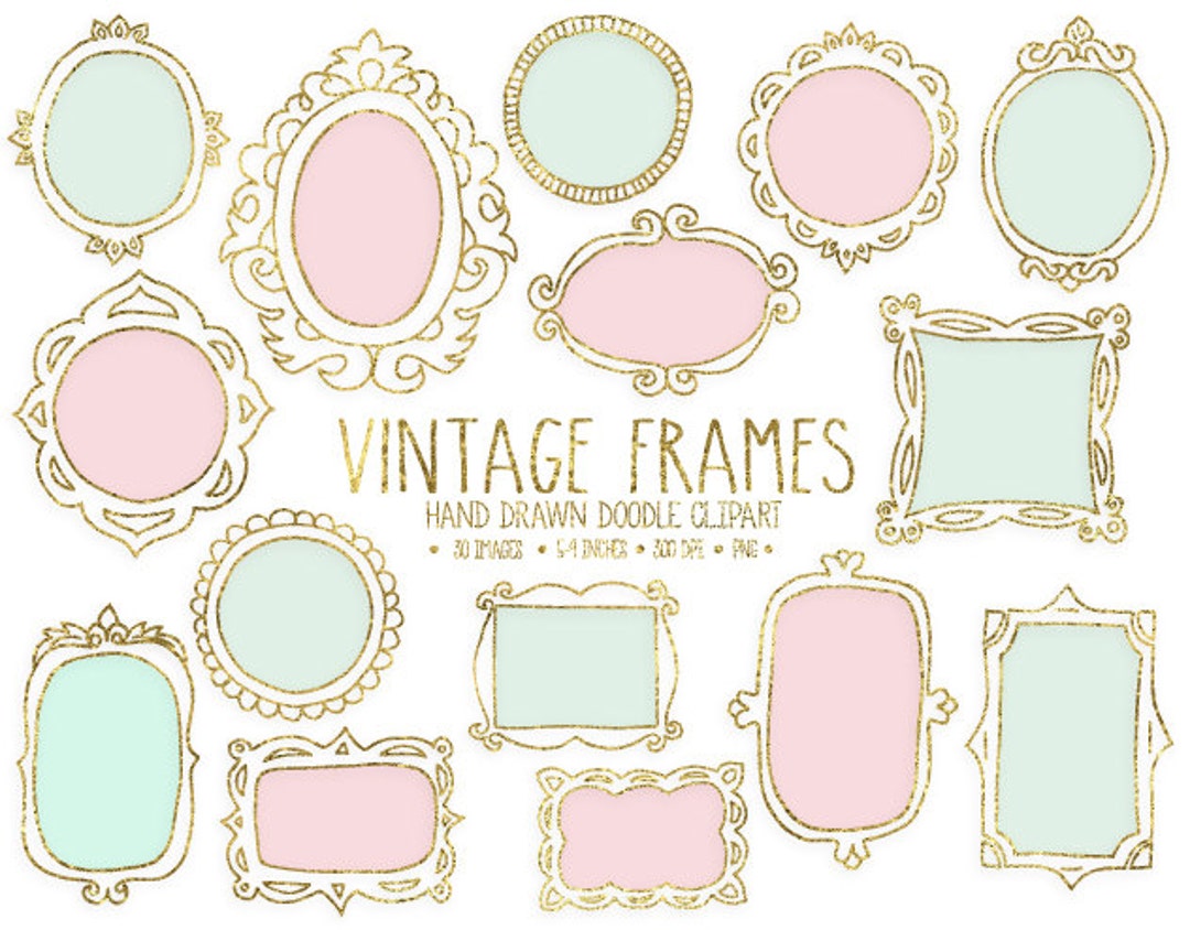 Gold, Mint, Pink Frame Clipart. Digital Hand Drawn Frames. Mint & Pink ...